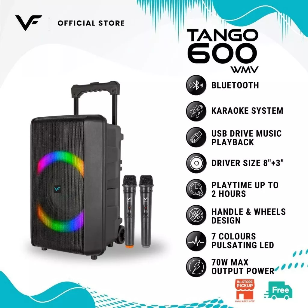 Vinnfier VF Tango 600 WMV 90W Max Portable Trolley Wireless Bluetooth Speaker Karaoke Set USB ...