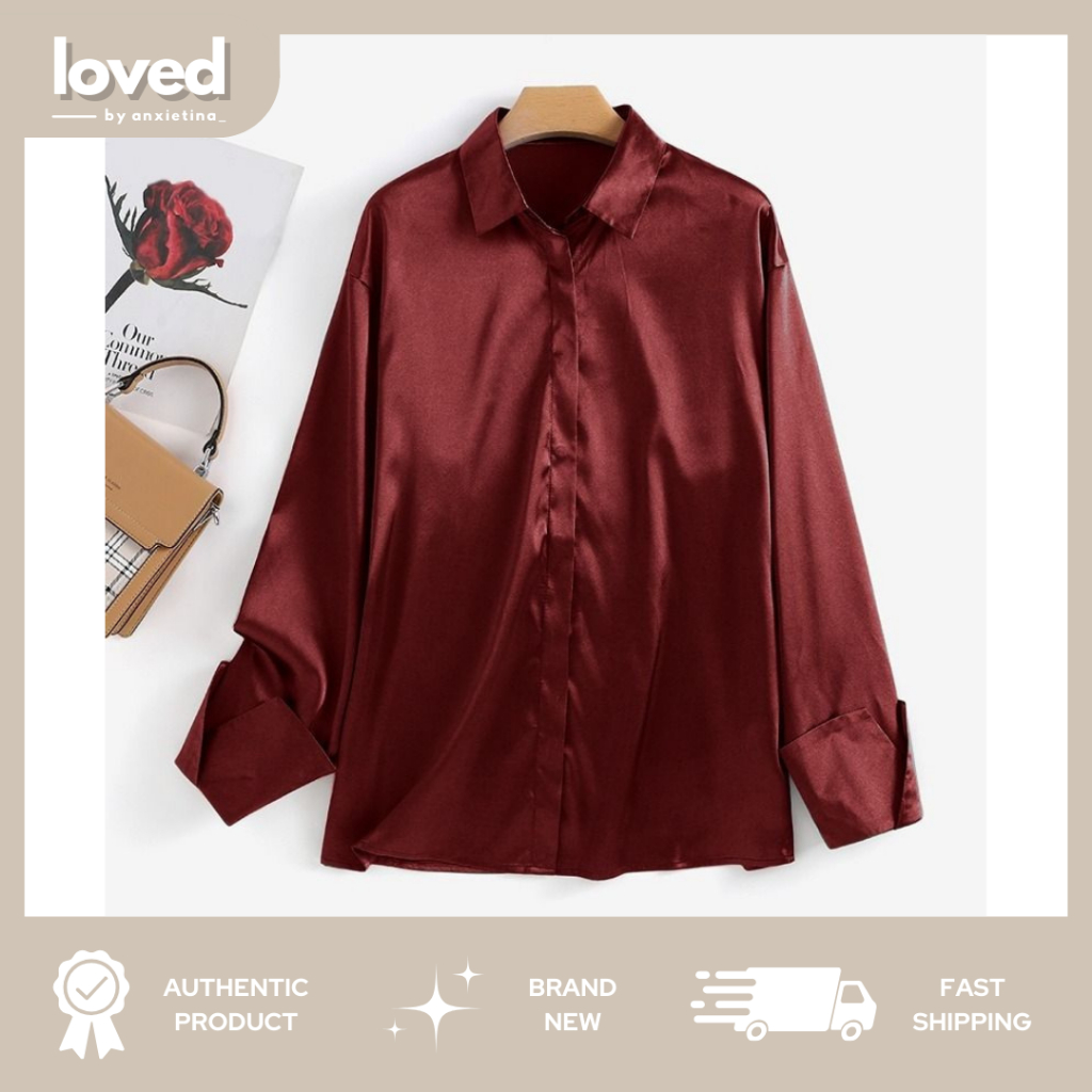 Plus Size Satin Silk Plain Blouse (5XL/Wine Red) | Shopee Malaysia