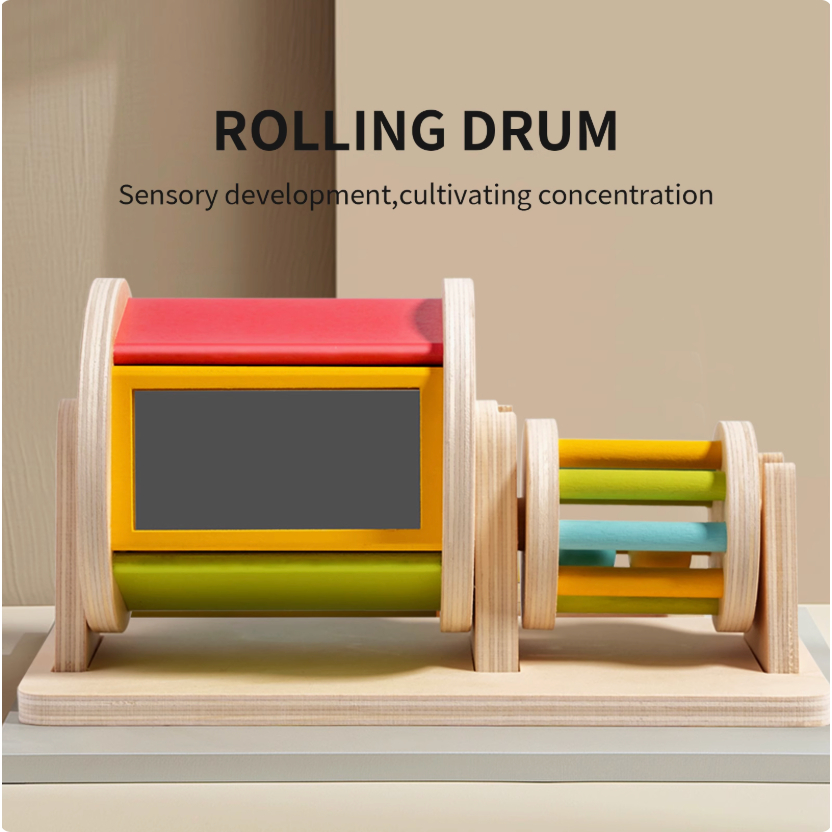 Montessori Baby Sensory Wooden Spinning Drum Roll for Baby Tummy Time 5 ...