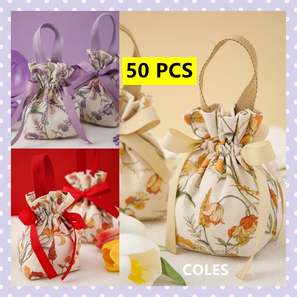 50pcs Petals Beg Doorgift Pouch Bag Canvas Floral Gift Bag Flower Cute ...