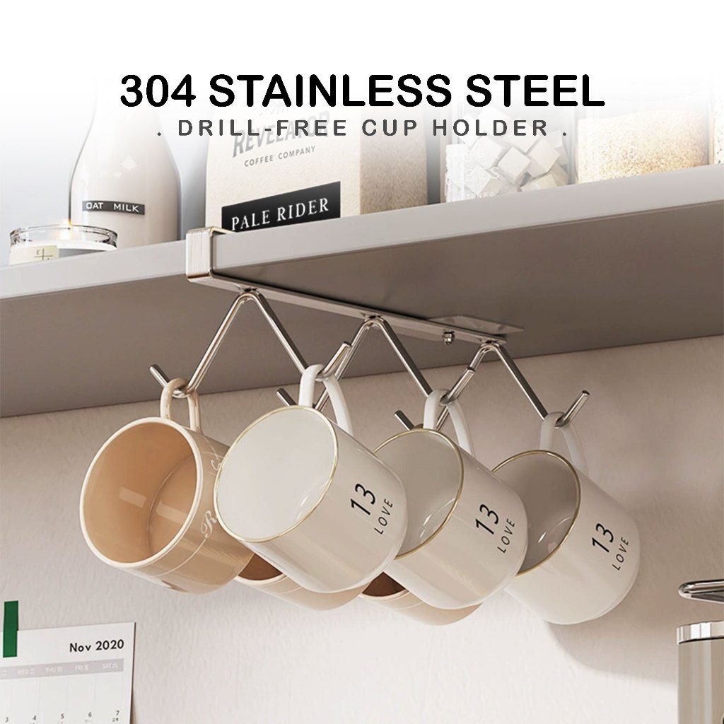 304 Stainless Steel Mug Rack Upside-Down No-Drill Under Cabinet Storage ...