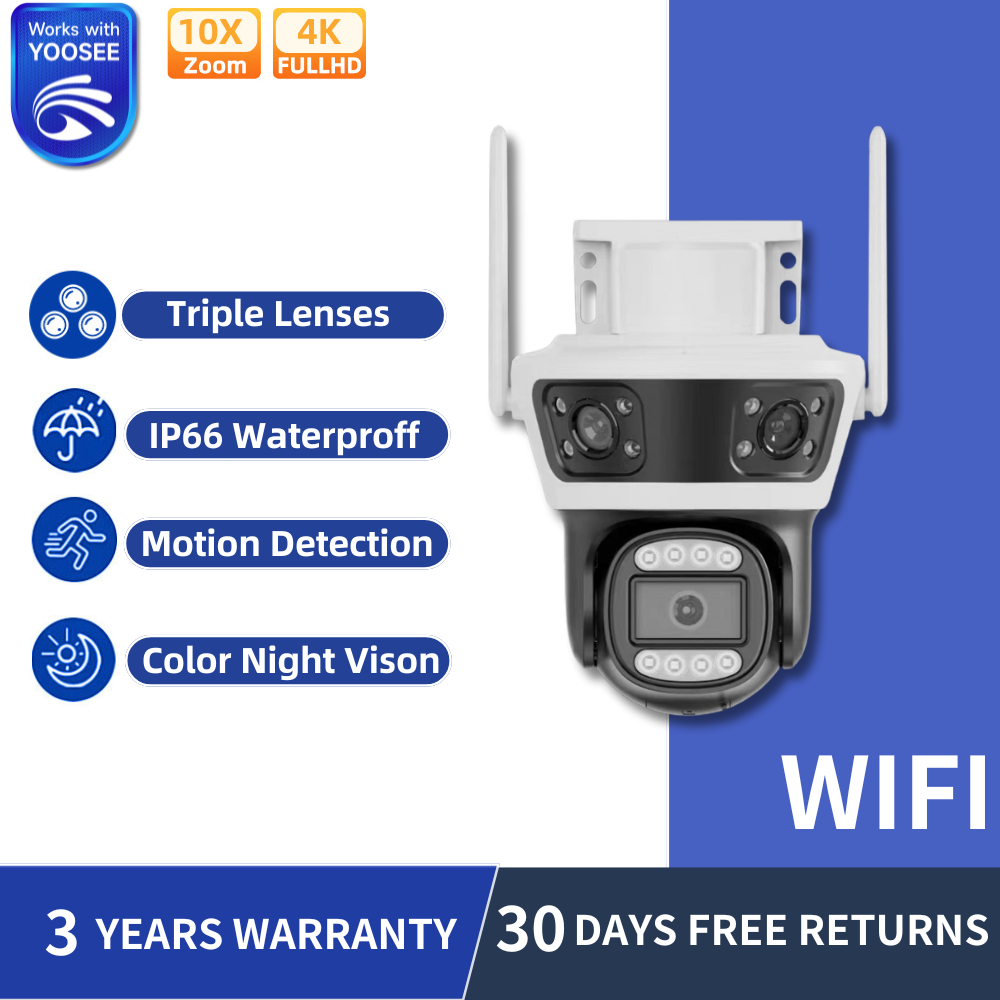 Yoosee 4k 8mp Triple lenses wireless wifi CCTV Full Color Night Vision 360degree Rotation Family ...