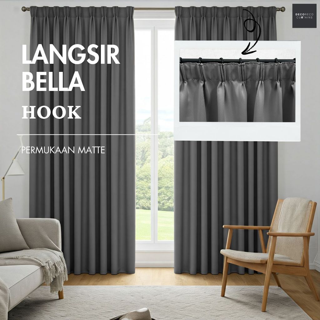 Langsir Bella Matte (Hook Type) 95% Blackout Curtain Siap Jahit Window ...
