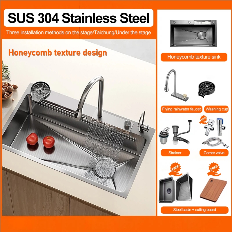 Honeycomb Sink 304 StainlessSteel Flying Rain Waterfall Single Bowl ...