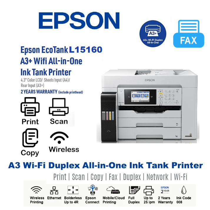 Epson A3 L15160 EcoTank PIGMENT INK A3+ Print / Copy / Scan / Fax Wi-Fi ...