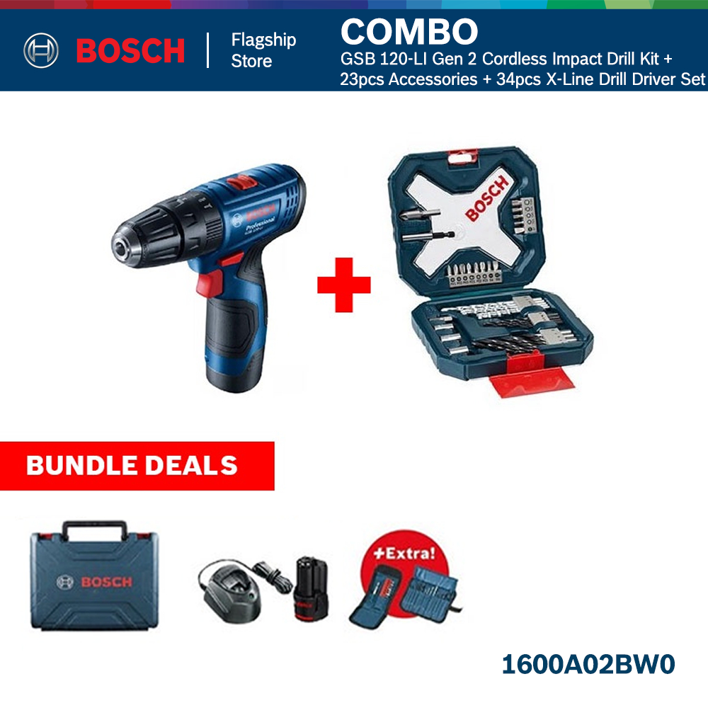 BOSCH [COMBO] GSB 120-LI Gen 2 Cordless Impact Drill Kit + Extra 23pcs Accessories + BOSCH 34pcs ...