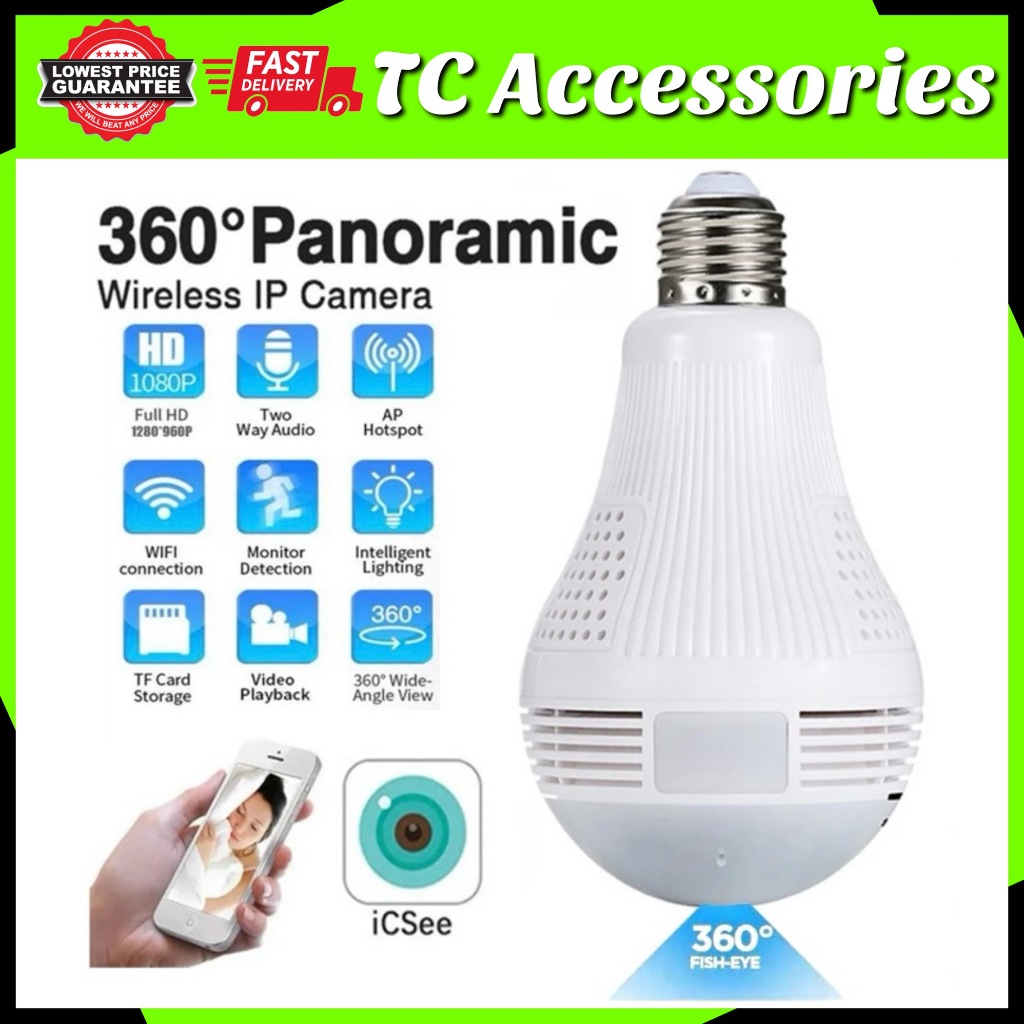 BULB WIFI CAMERA ICSEE Full HD 2.0MP 2MP 360 degree Wireless IP Camera ...