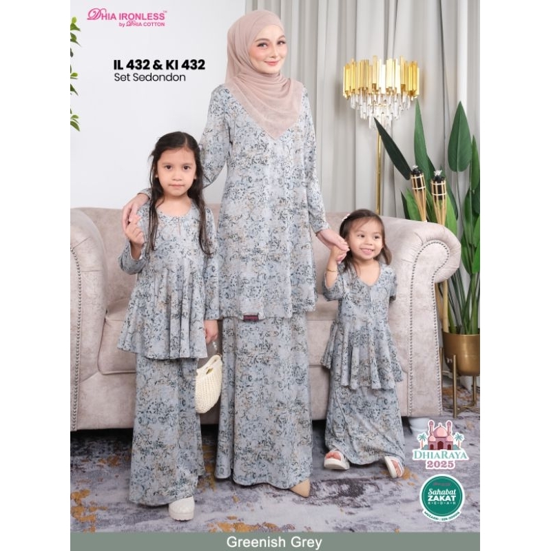 RAYA 2025 [432] BAJU KURUNG SEDONDON IBU ANAK TEMA GRENISH GREY BY DHIA ...