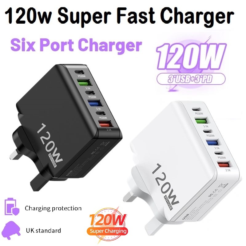 120w Super Fast Charger Multi Port 3USB+3PD Fast Charging Adapter Quick ...