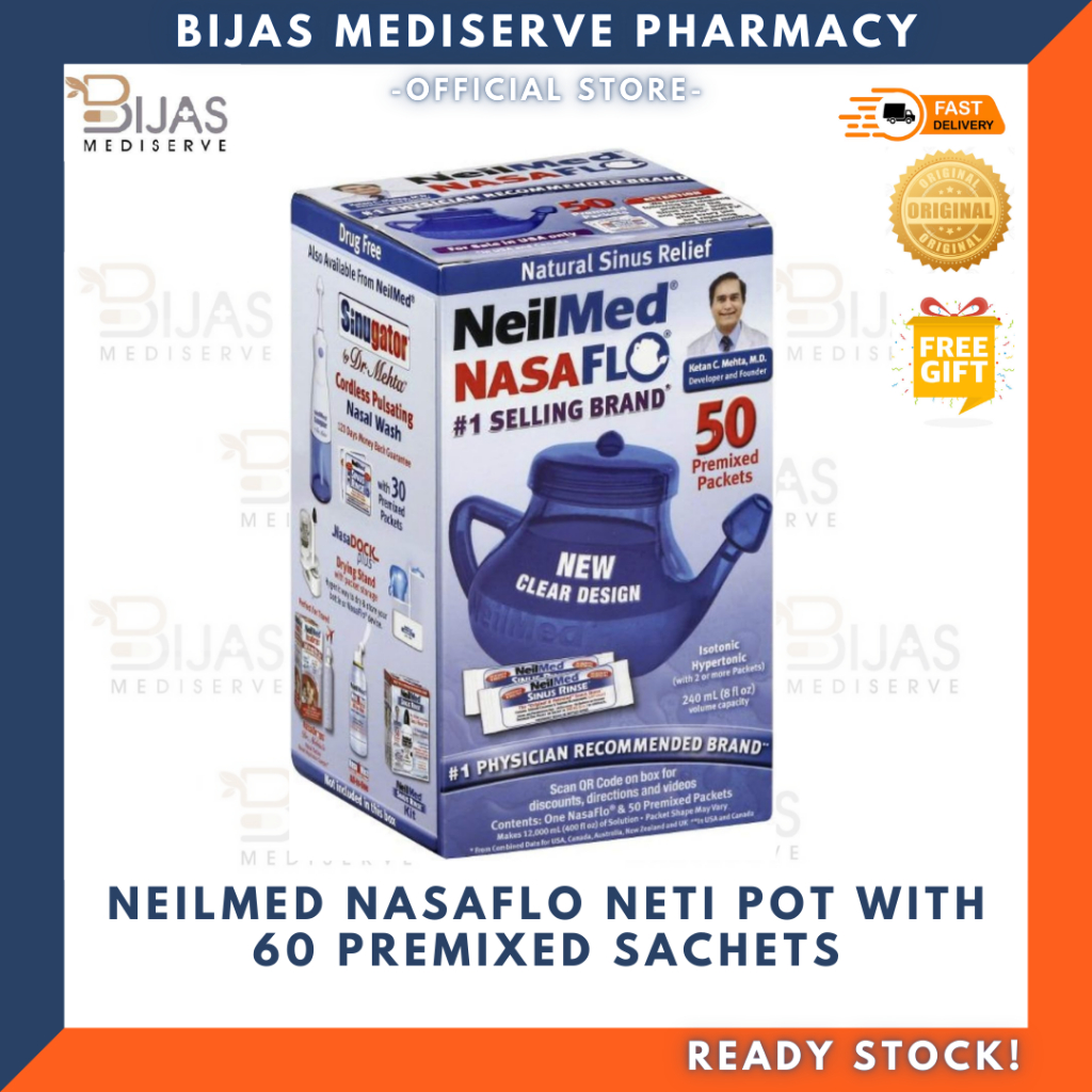 NEILMED NASAFLO NETI POT WITH 60 PREMIXED SACHETS (EXP:06/2027 ...