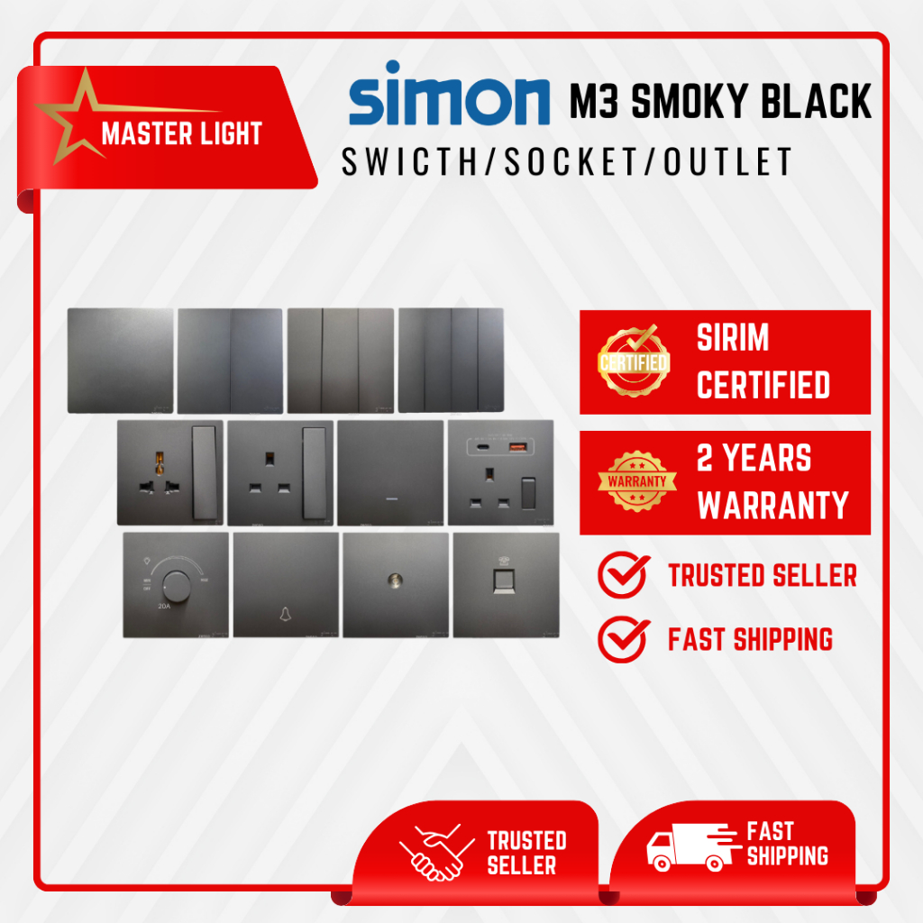 Sirim] SIMON M3 SMOKY BLACK Switch / Switches Socket Outlet Frameless ...