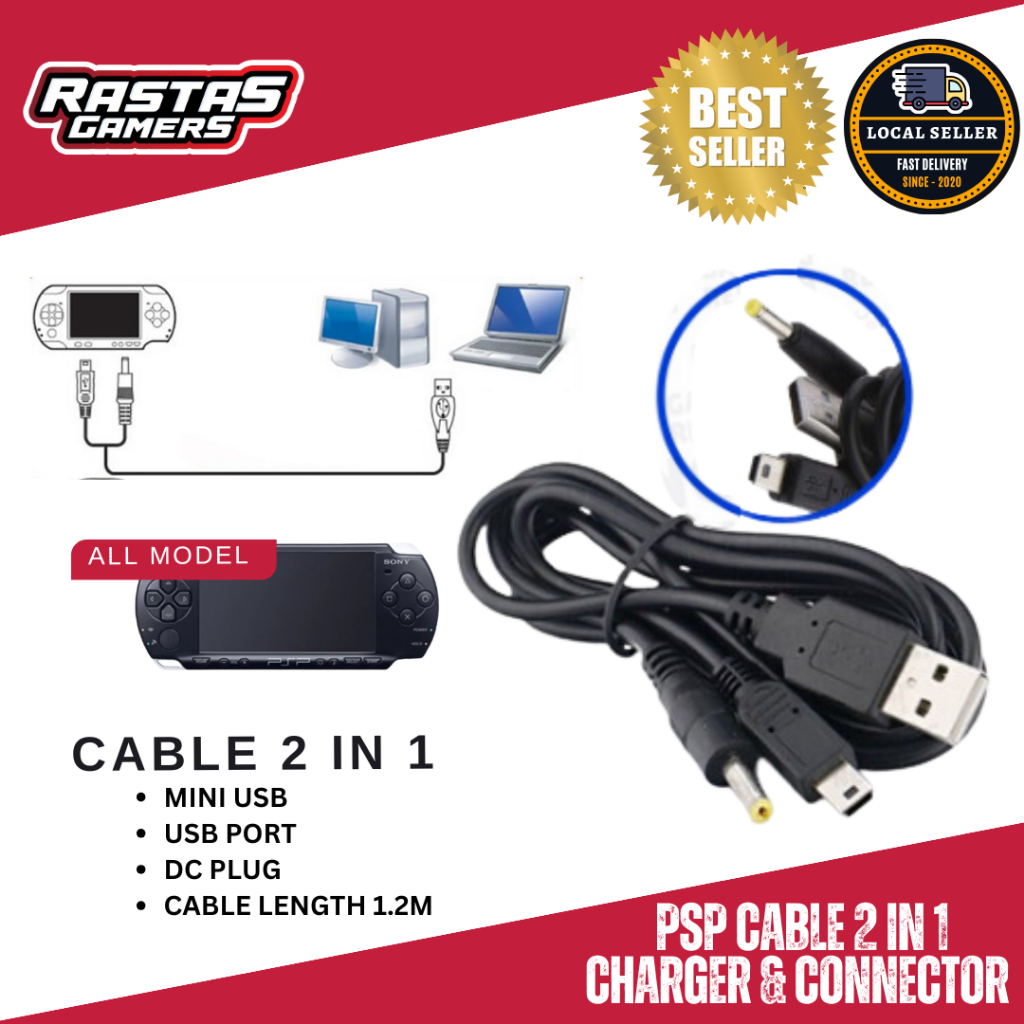 PSP USB CABLE 2 IN 1 CHARGING & CONNECTOR FOR PSP MODEL 1000 2000 3000 ...