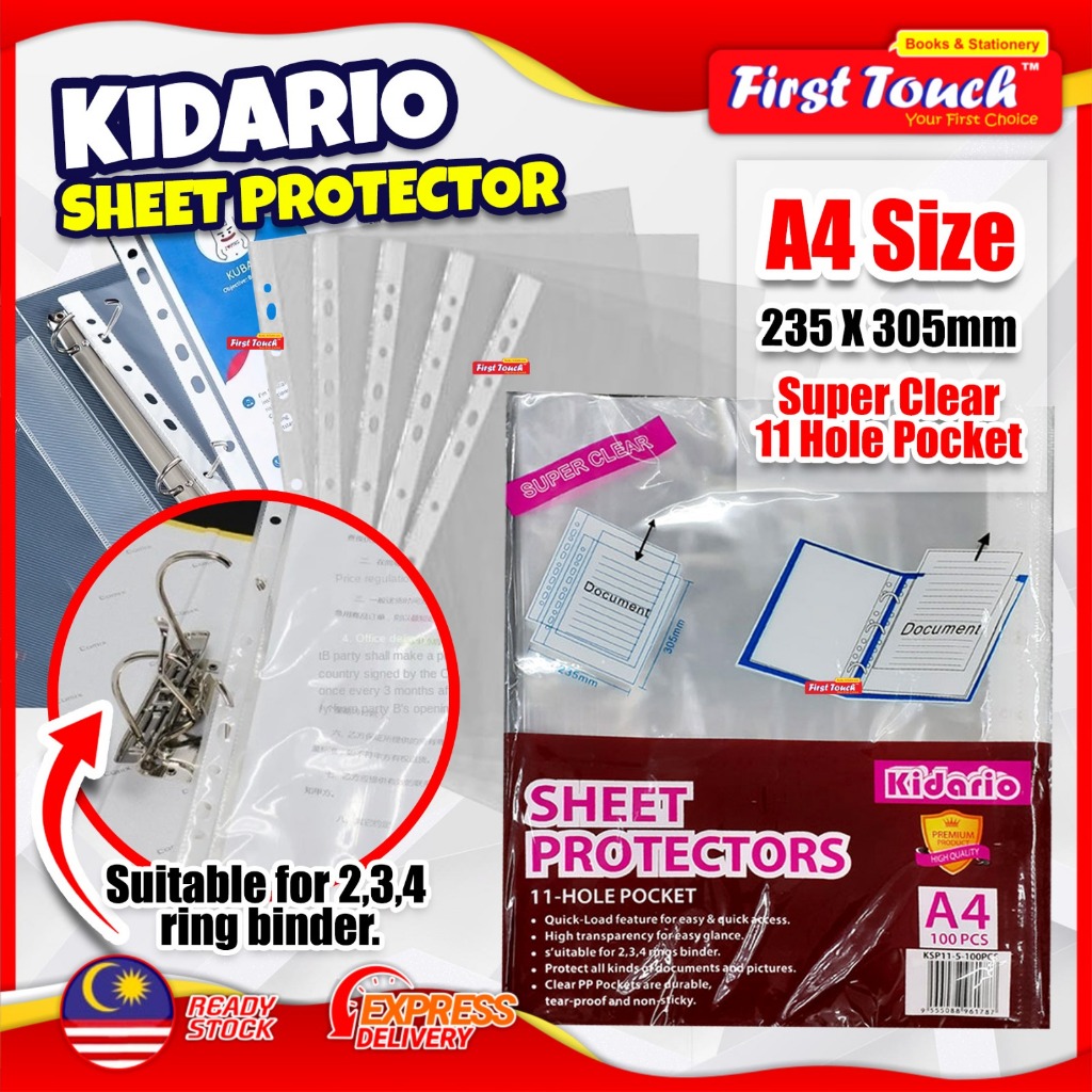 Kidario A4 Sheet Protector 0.5mm 100pcs 11 Hole Pocket Super Clear ...