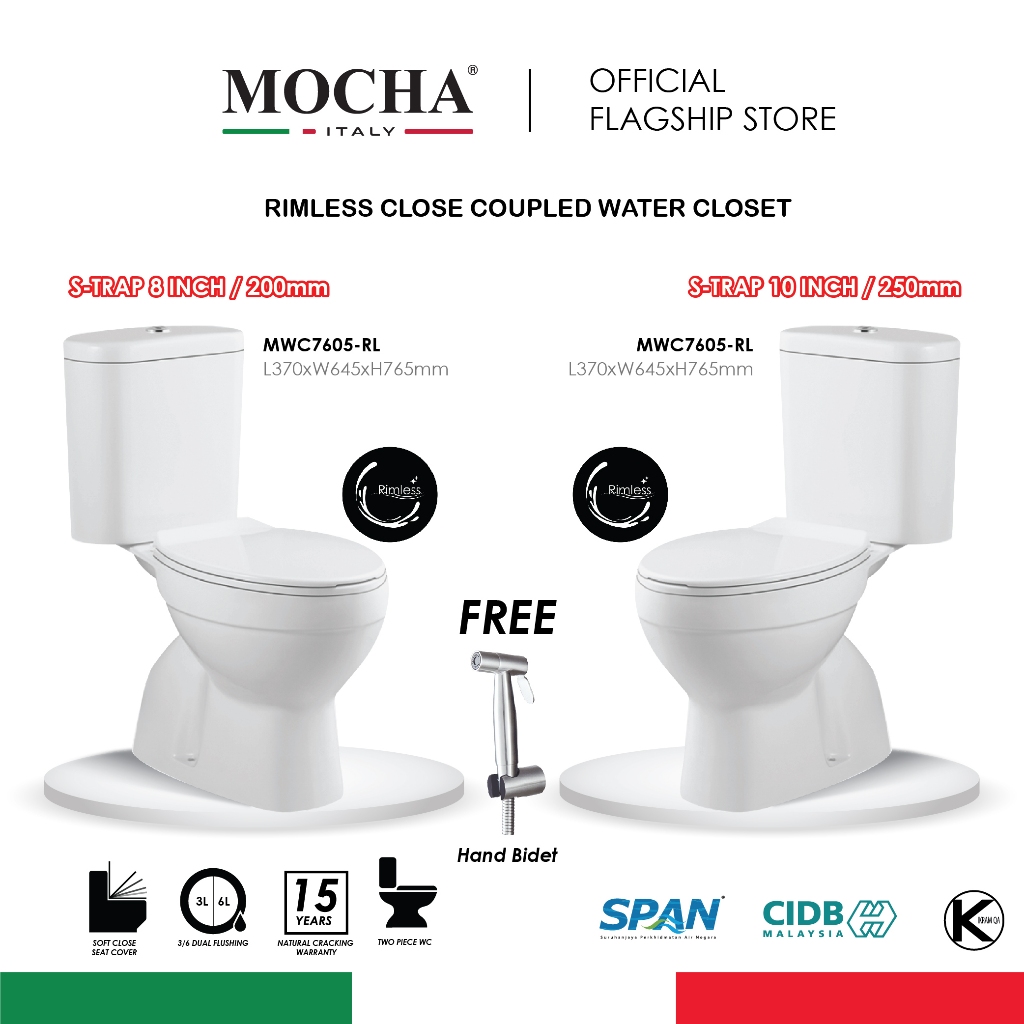 MOCHA RIMLESS Two Piece Water closet Wc jamban tandas duduk toilet bowl ...