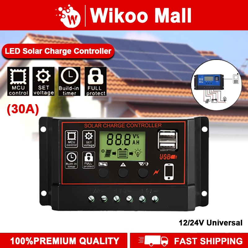 【Upgraded】PWM 30A Solar Charge Controller Fully Auto Universal 12V/24V Dual USB Solar Panel ...