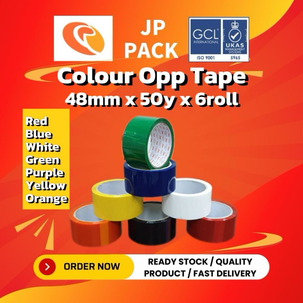 COLOUR OPP TAPE 48MM X 50Y X 6ROLLS(RED, ORANGE, YELLOW, GREEN, BLUE ...