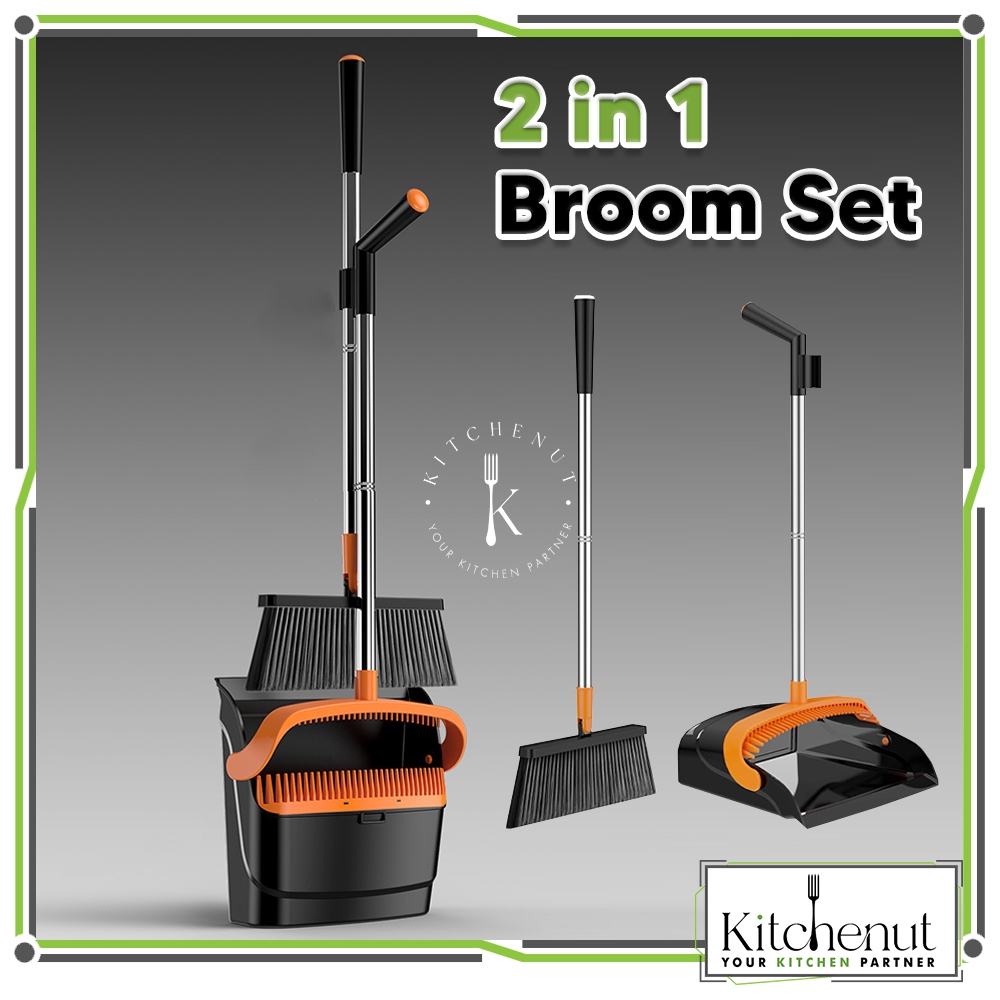 [2 in 1] Kitchenut Broom And Dustpan Set Foldable Standing Upright Set ...