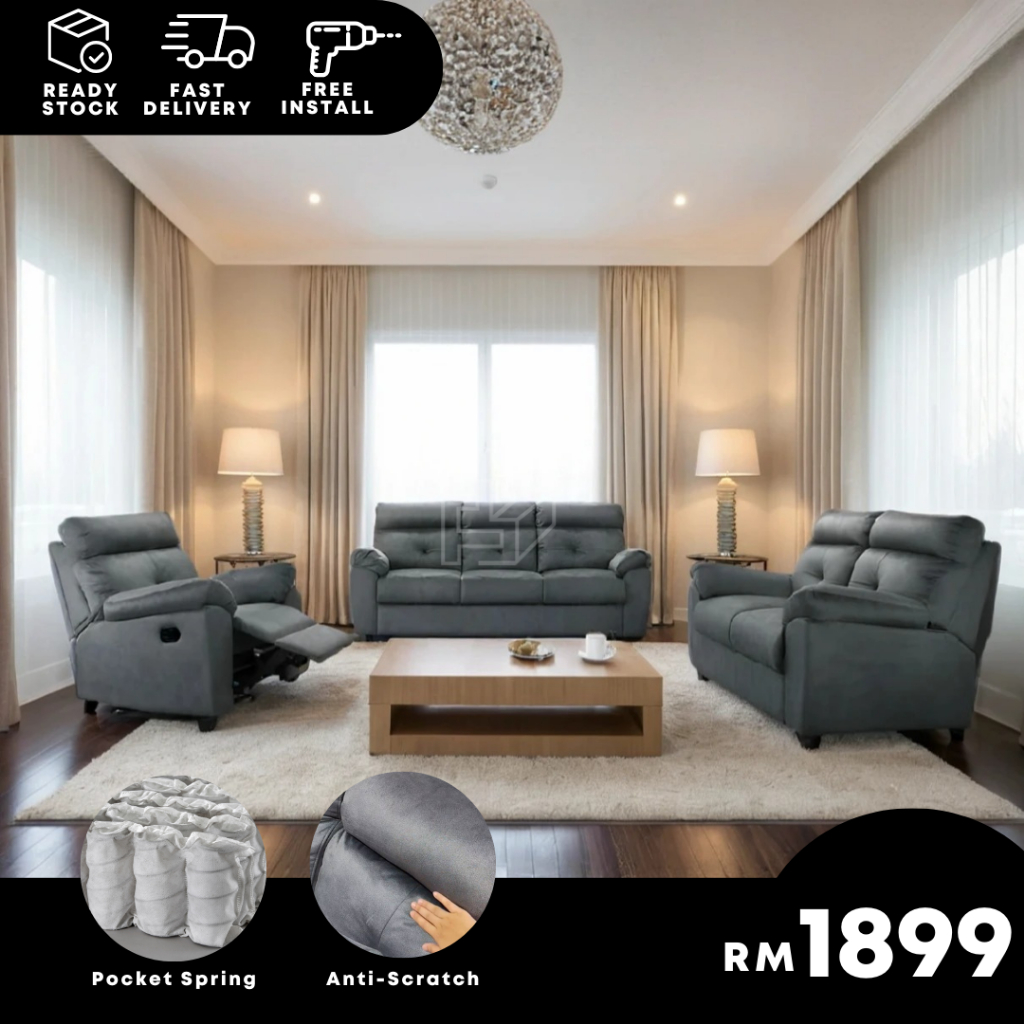 BETTY FURNITURE LUCAS Recliner Sofa Set 1R+2+3 Velvet Fabric Sofa ...