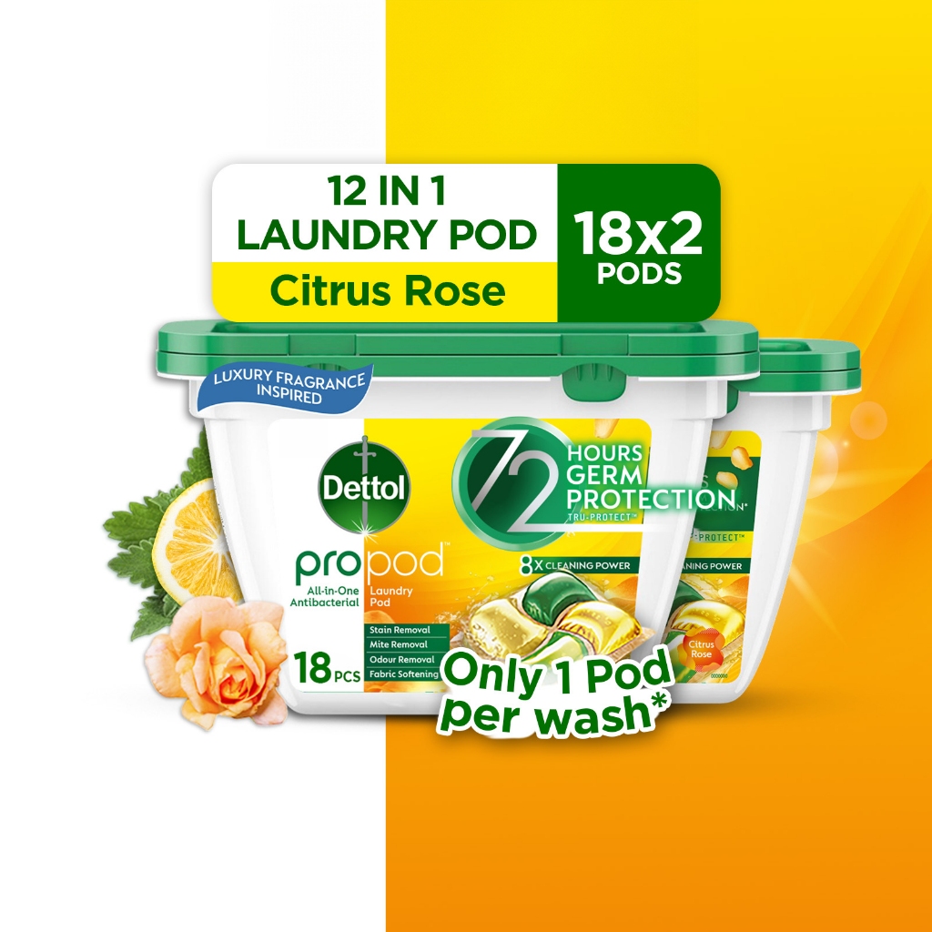 [1POD=8KG] Dettol All in One Laundry Capsule 18s x 2 Laundry Pod Citrus ...