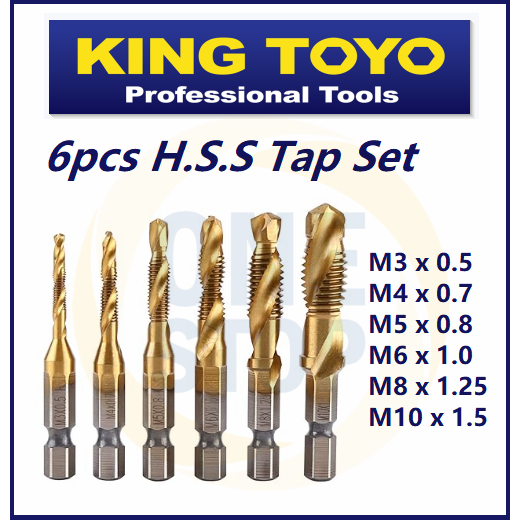 King Toyo 6pcs Metric Thread M3-M10 Titanium Coated 6 HSS Drill and Tap ...