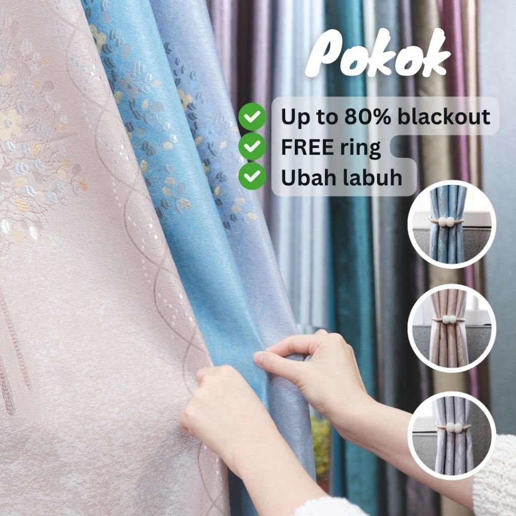 Ins.fabric Pokok eyelet/hook curtain blackout Blue,Grey,Pink langsir ...