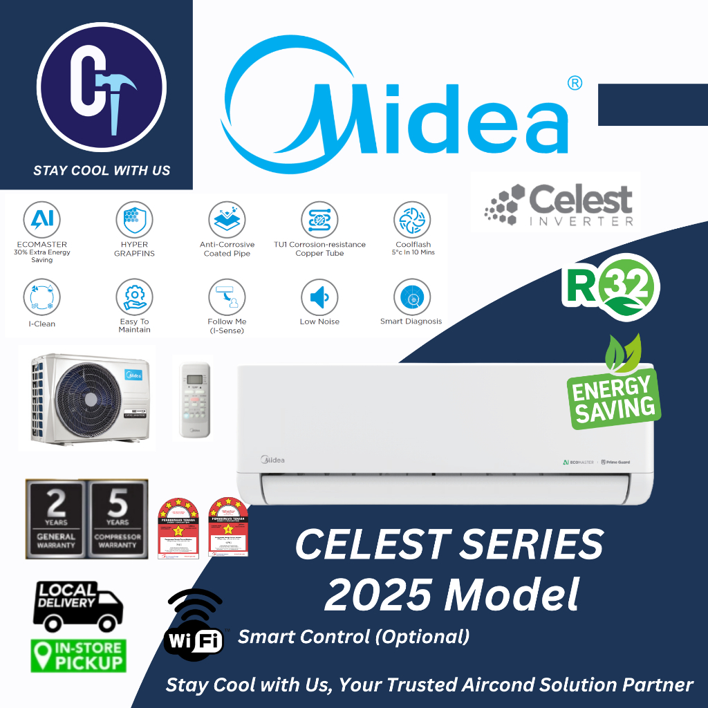 MIDEA R32 New Inverter Aircond (1.0HP-2.5HP) MSCE (CELEST)/MSNE (numen ...