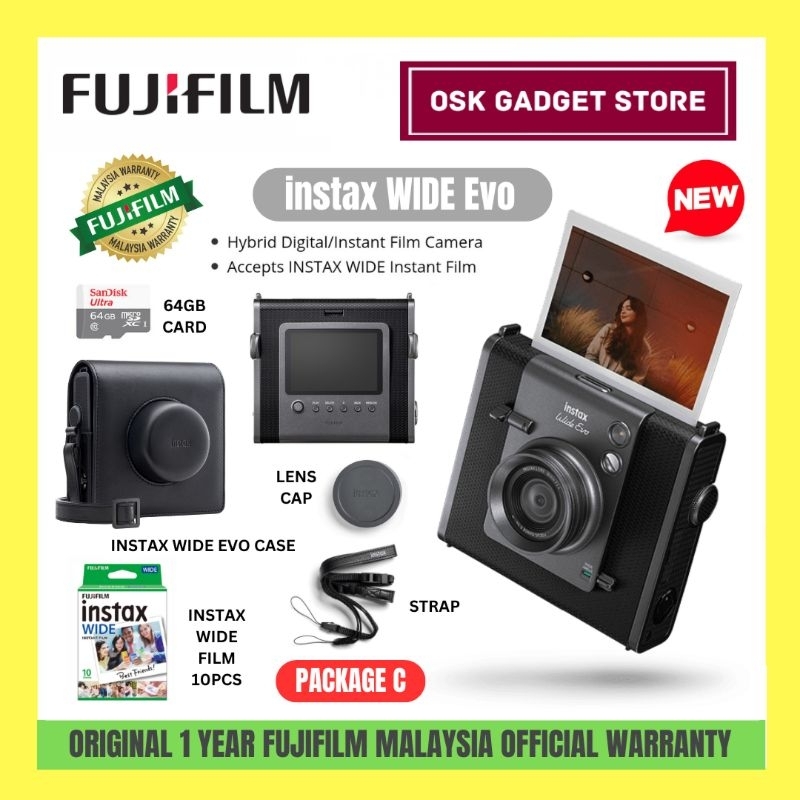 Fujifilm Instax Wide EVO Hybrid Instand Wide Film Camera | Bundle Package | 1 Year Fujifilm ...