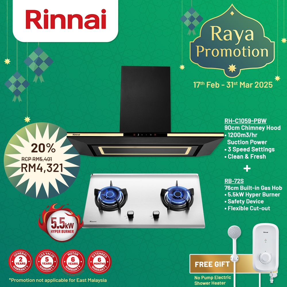 Rinnai Cooker Hood (90cm) RH-C1059-PBW + Built-in Gas Hob (76cm) RB-72S | Shopee Malaysia