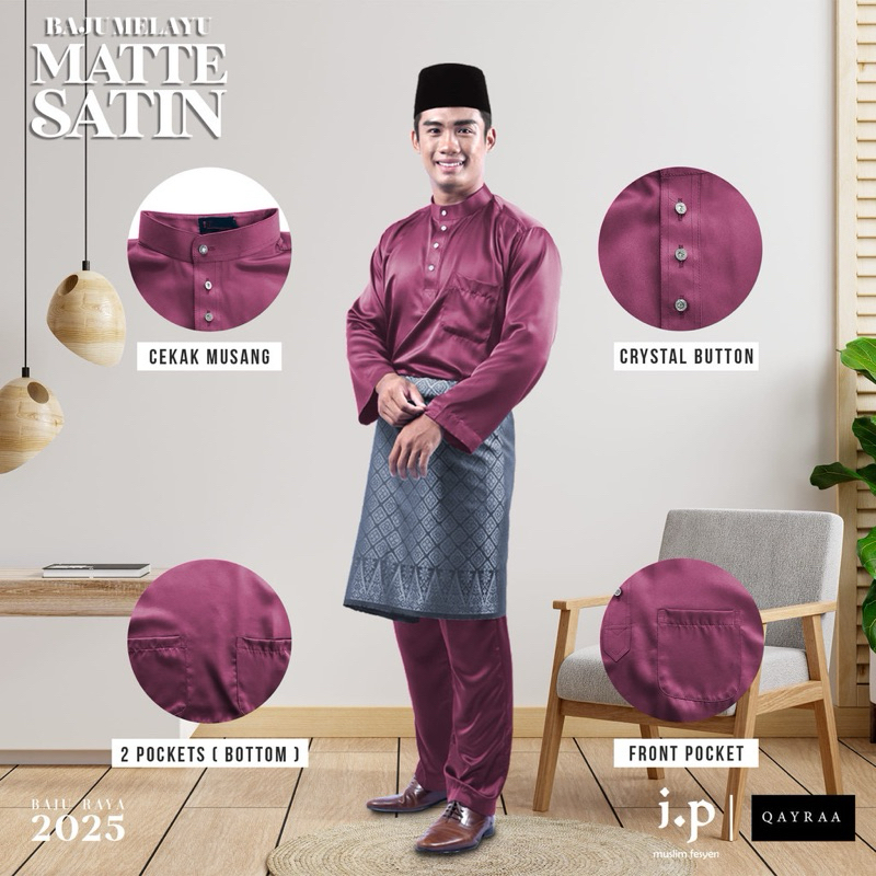 [100% Original] I.P Muslim Matte Satin Slim Cutting Baju Melayu -Maroon ...