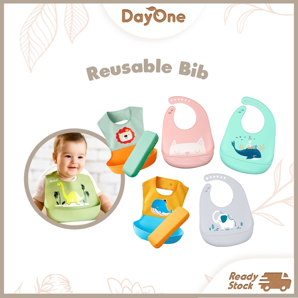 Day One 🍃 FREE BOX Silicon Bibs Cute Cartoon Silicone Bibs Baby Waterproof Silicone with Case ...