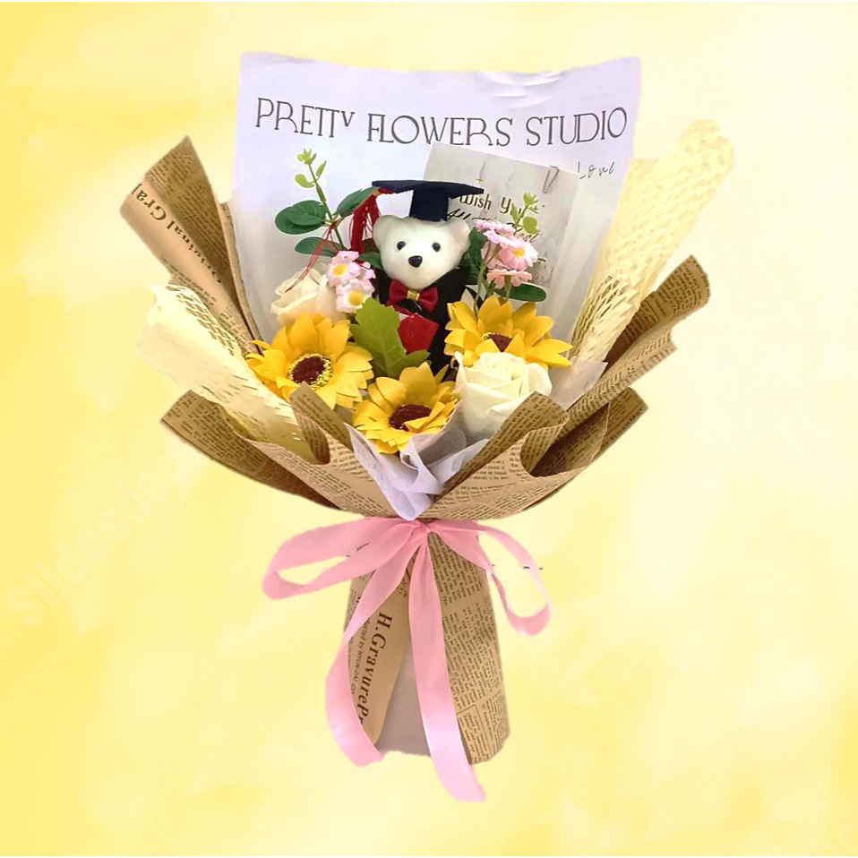 Vintage Graduation Bouquet Graduation Bear Soap Flower Sunflower Rose ...