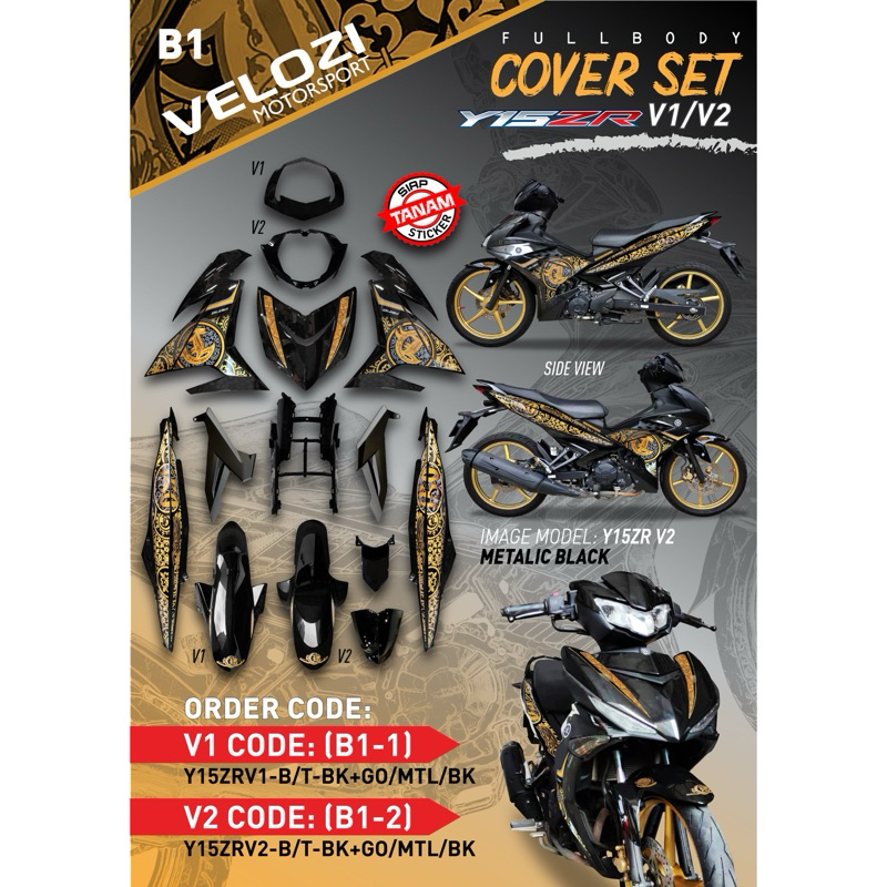 VELOZI RACING BODY COVERSET Y15ZR YAMAHA Y15 V1 V2 BATIK METALIC BLACK ...