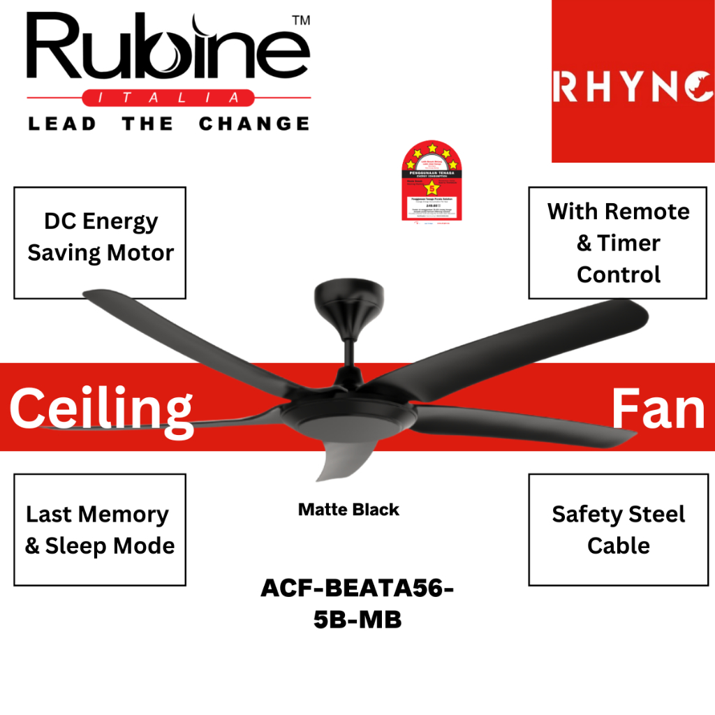 [2 Units per Pack] Rubine ABLE 56" DC Motor 5 Blade Ceiling Fan ACF-BEATA56-5B / Remote Control ...