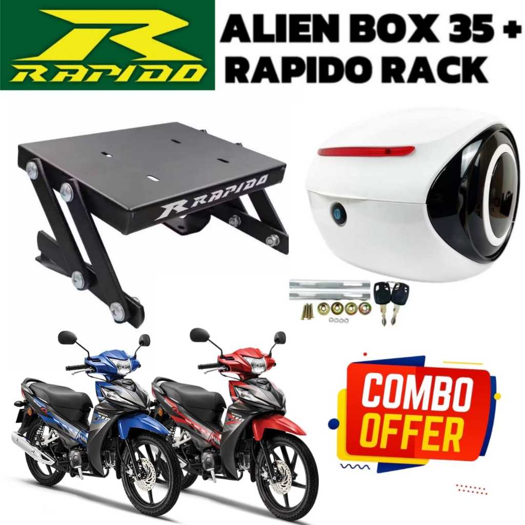COMBO SET BOX ALIEN 35L ABS HONDA ALPHA DX110 WAVE + MONORACK RAPIDO ...