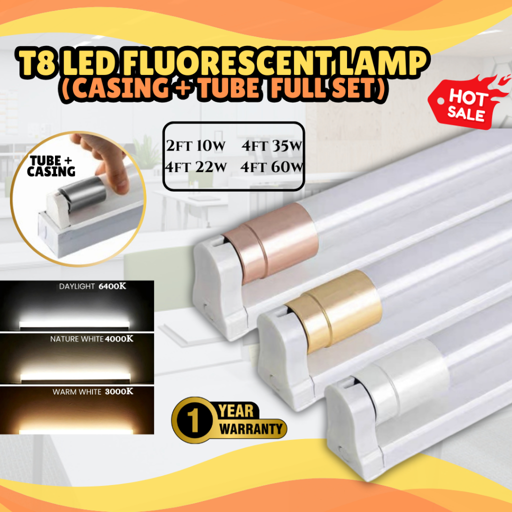 [FULL SET] LED T8 Fluorescent Tube 2ft 4ft 10W/22W/35W/60W Set Lampu Kalimantang Panjang casing ...