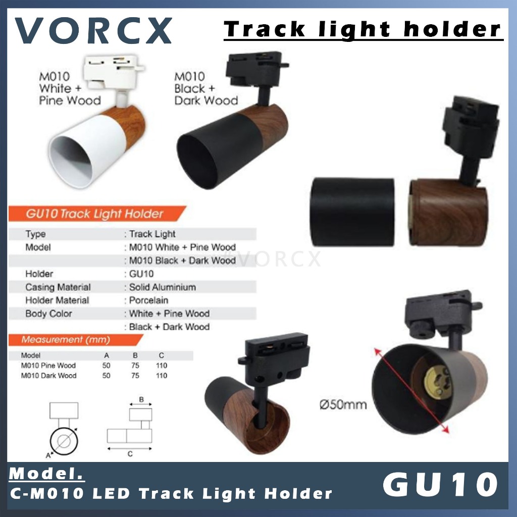 C-M010 LED Track Light Holder GU10 White + Pine Wood / Black + Dark ...