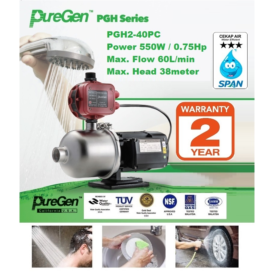 PureGen PGH 2-40 PC-Auto Stainless Steel Water Booster Pump 0.75Hp ...