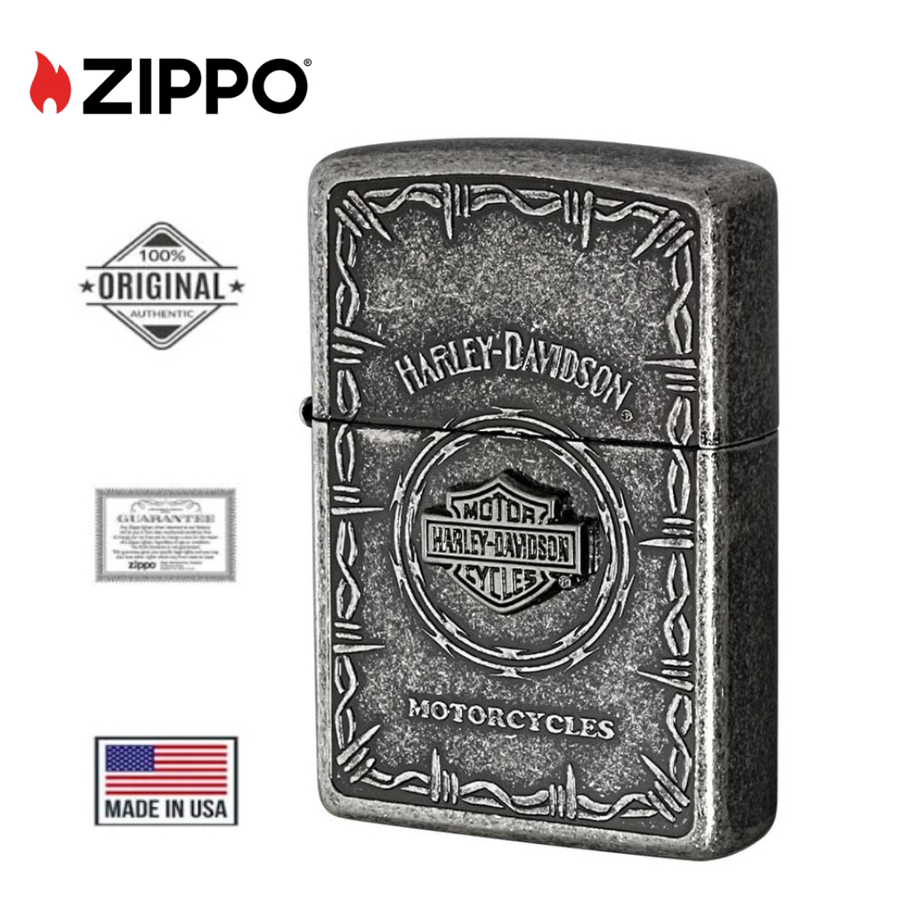 Zippo Harley-Davidson® Barb Wire & Shield Antique Silver Plated HDP-68 ...