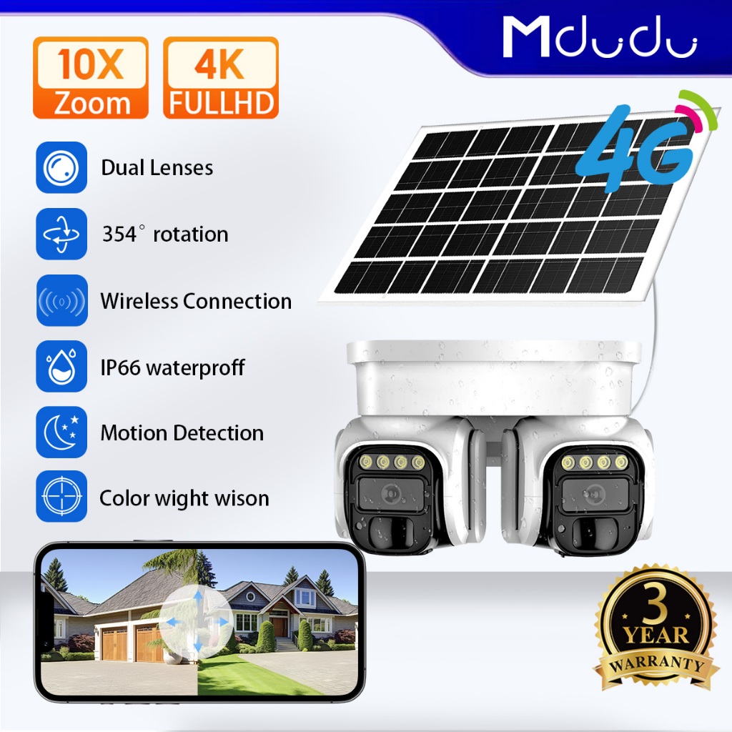 Mdudu 4G SIM Card Dual Lens CCTV Camera with Battery Color Full HD 15MP ...