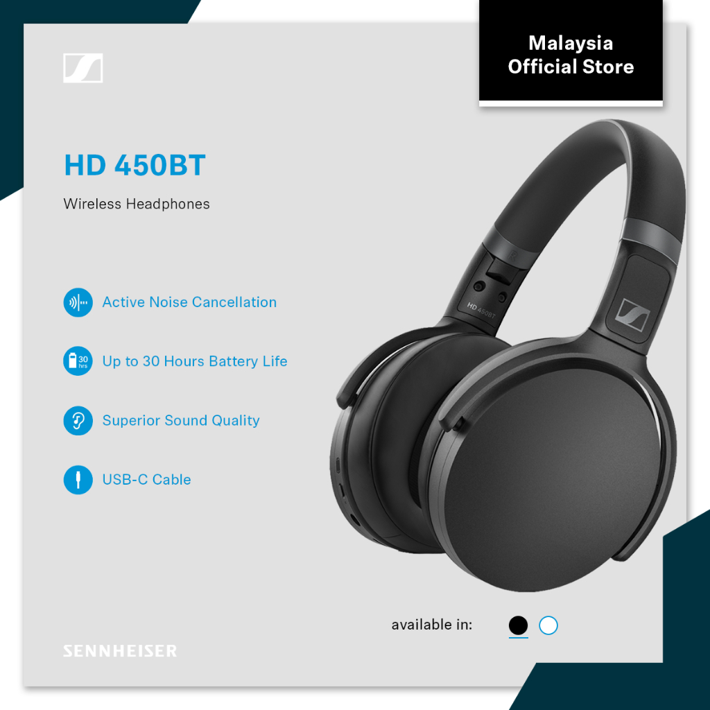 Sennheiser HD 450BT Wireless Noise Cancelling Headphones 30 Hours Battery Life - HD450BT ...
