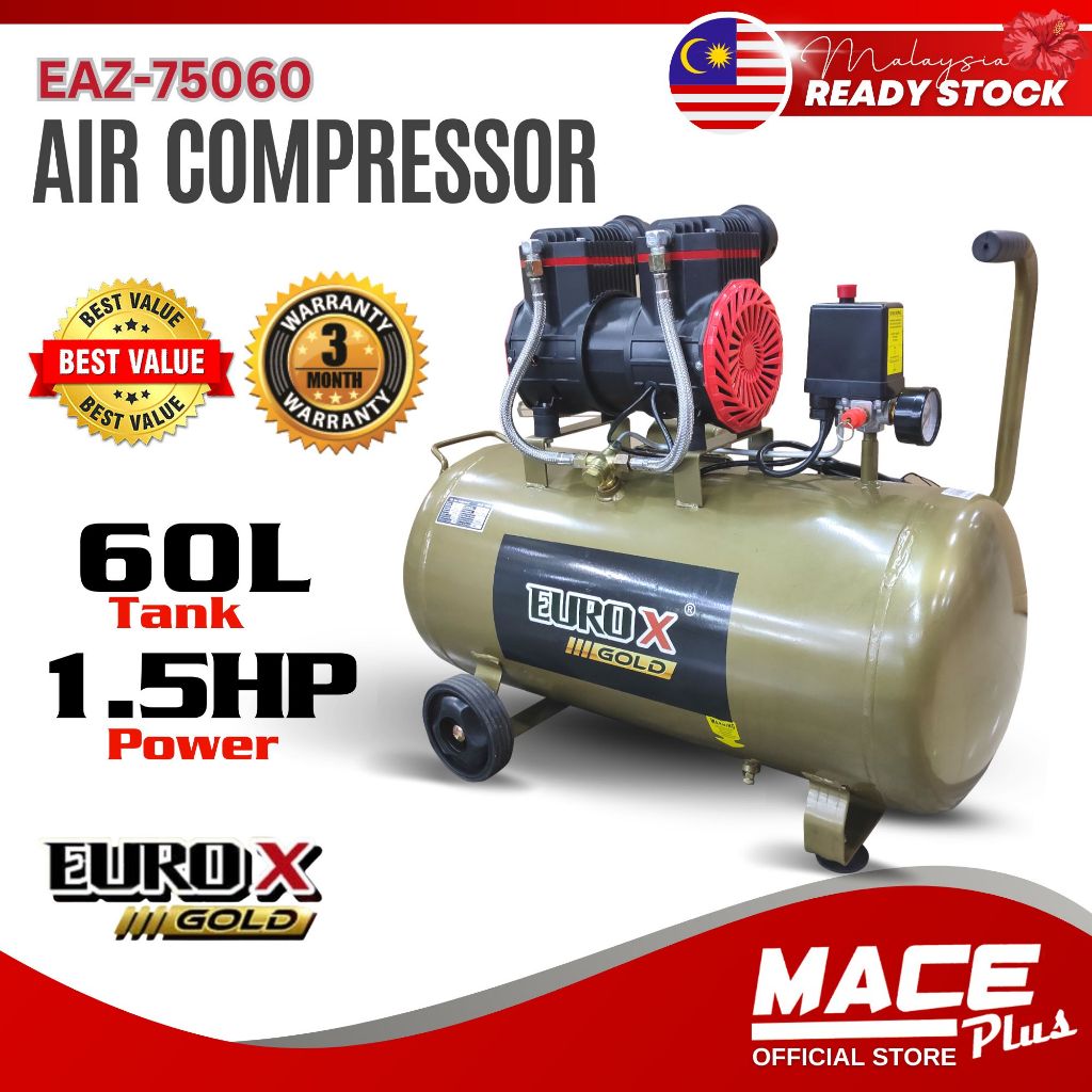 EUROX GOLD Oil Less Air Compressor 1.5hp 60l 8 Bar 120L/min Mesin Compressor Angin Kompresor ...
