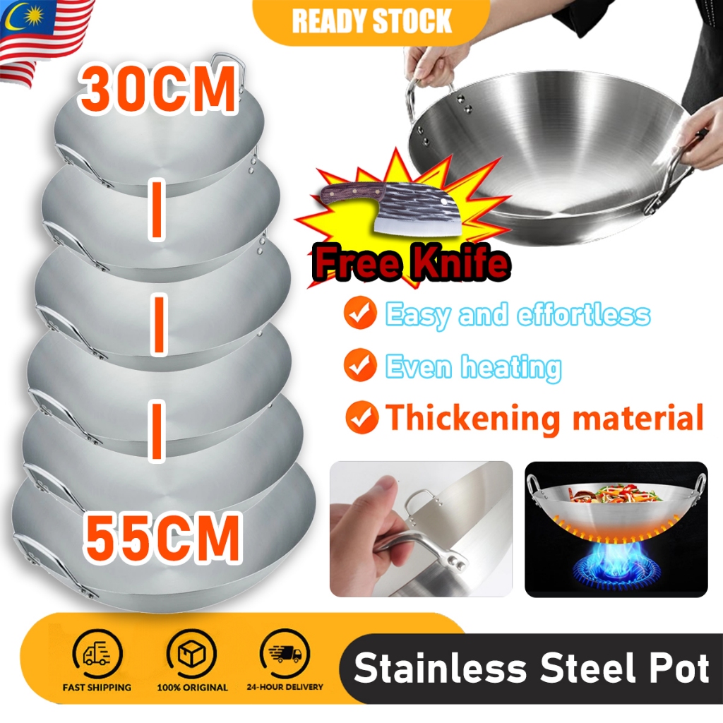 【Buy 1 Free Knife】30-50CM Thick Kuali Stainless Steel Wok Double Handle ...