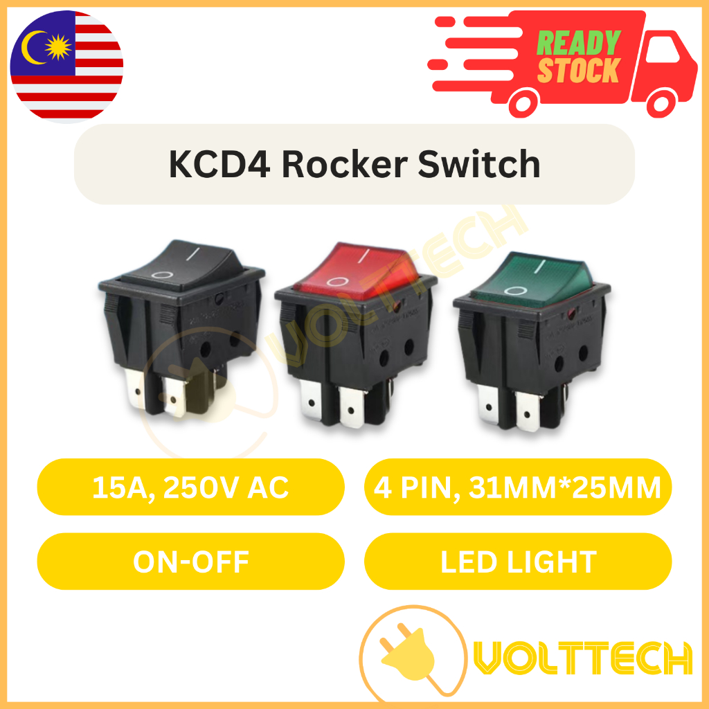 KCD4 Rocker Switch 4 PIN AC 16A 250V ON-OFF With LED Indicator RED ...