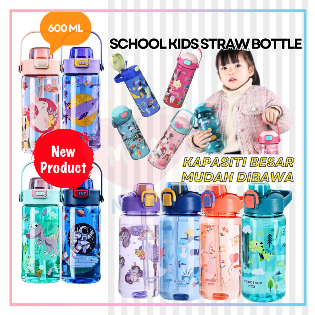Kids Water Bottle Cute Cartoon with Straw | 4 Colors/Designs | Botol ...