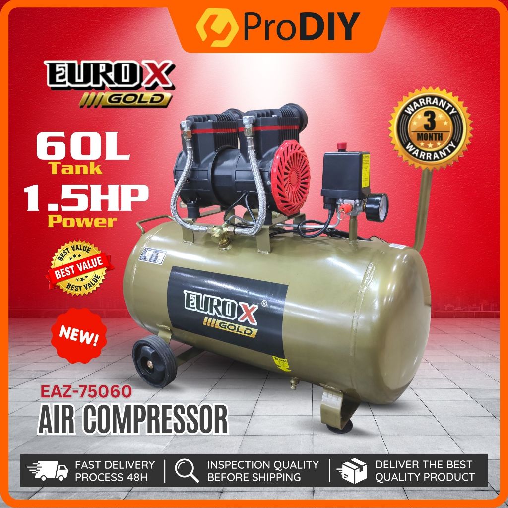 EUROX GOLD EAZ-75060 Oil Less Air Compressor 1.5hp 60l 8 Bar 120L/min Mesin Compressor Angin ...