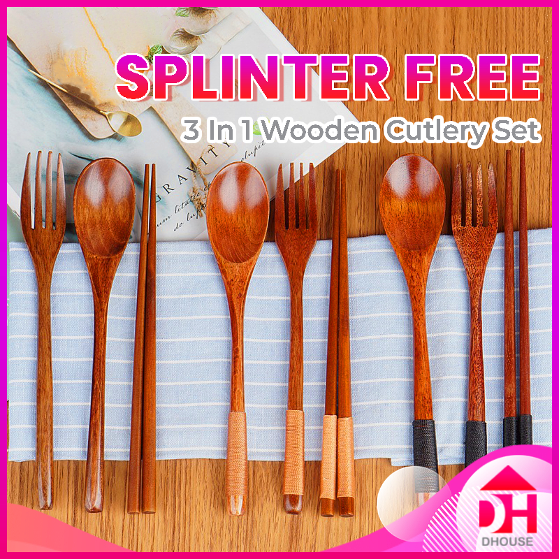 3 In 1 Japanese Wooden Cutlery Set Chopsticks Spoon Fork Dinner ...