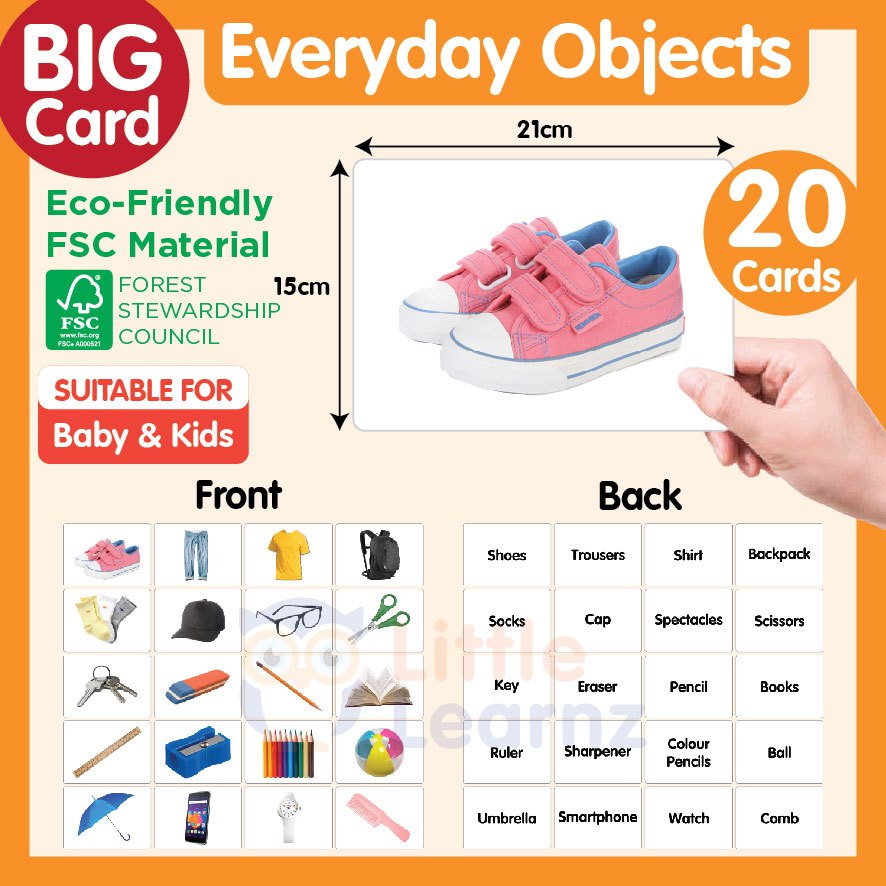 Big Flash Card (Everyday Objects) 20 Cards 15x21cm Early Development ABC Flash Card Early ...
