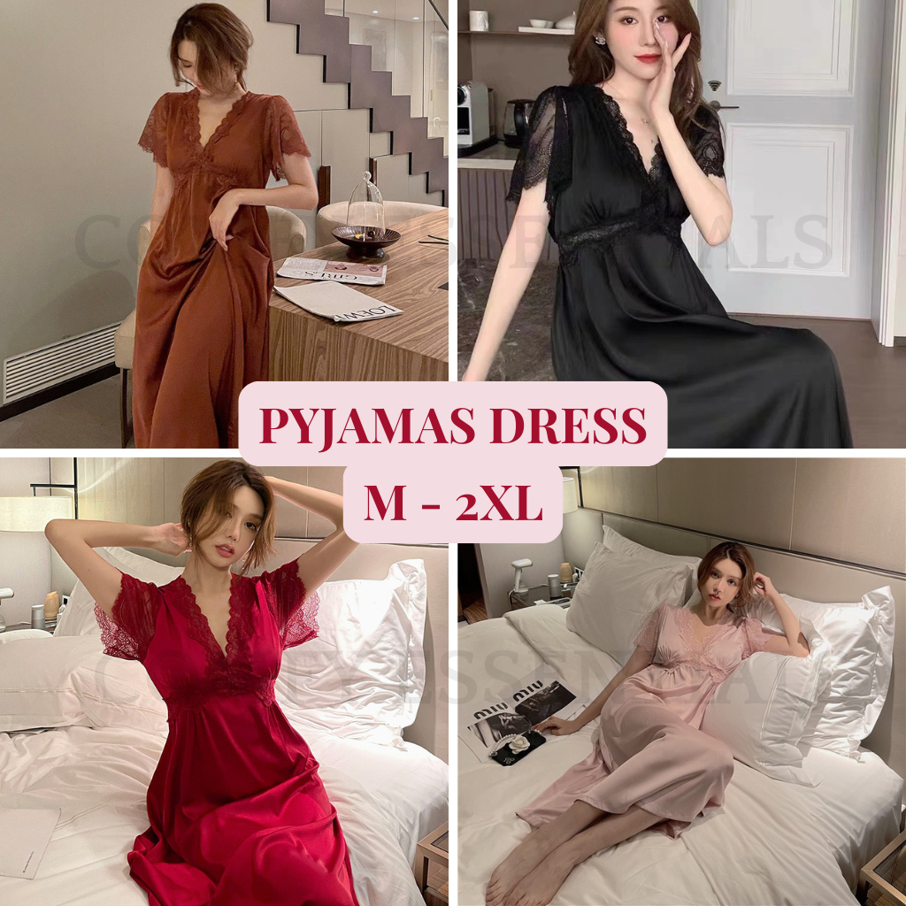 [GF1] Satin Pyjamas Nightdress Padded Plus Size Sleeping Dress Women ...