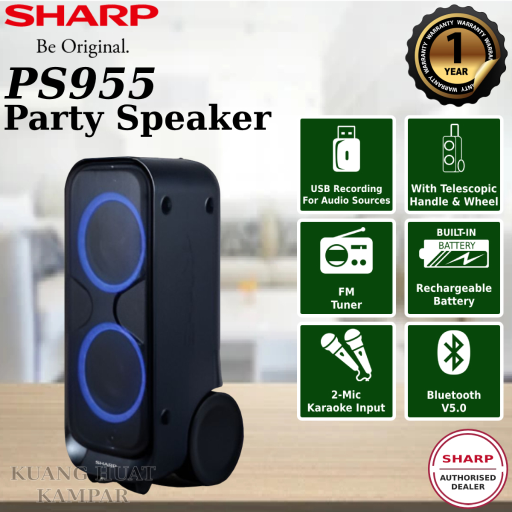 SHARP 60W AUDIO SYSTEM KARAOKE PORTABLE PARTY SPEAKER PS955 / PS-955 ...