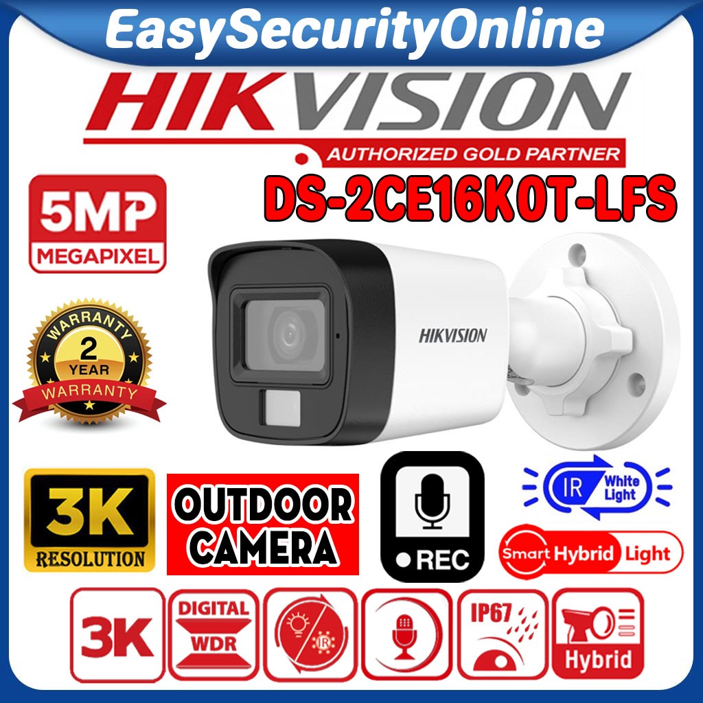 HIK HIKVISION Smart Hybrid Light 3K 5.0MP Bullet Outdoor Camera DS-2CE16K0T-LFS 1620P Mic Audio ...